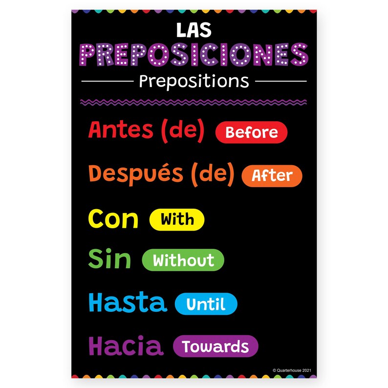 Quarterhouse Spanish Prepositions 6 of 6 Poster, Spanish and ESL ...