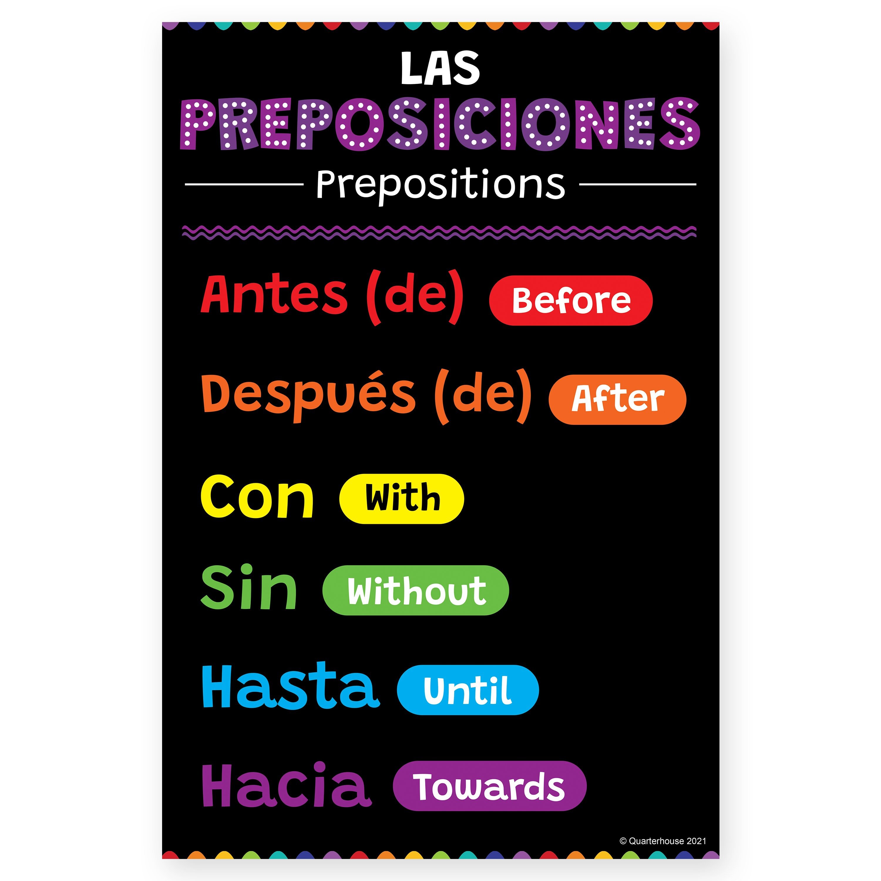 Quarterhouse Spanish Prepositions (6 of 6) Poster, Spanish and ESL ...
