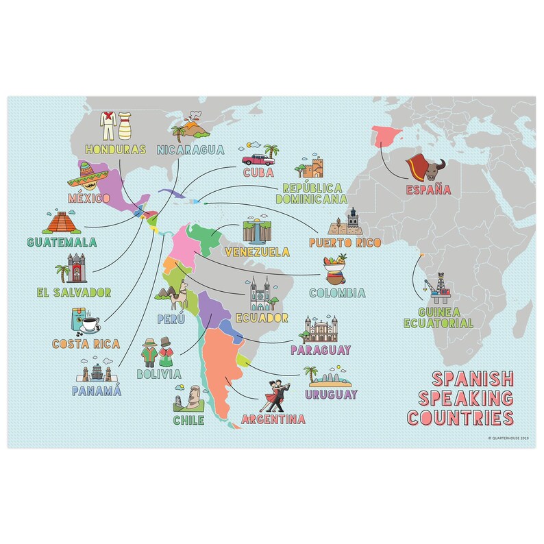 Quarterhouse Spanish-speaking Countries - Map Poster, Spanish and ESL ...