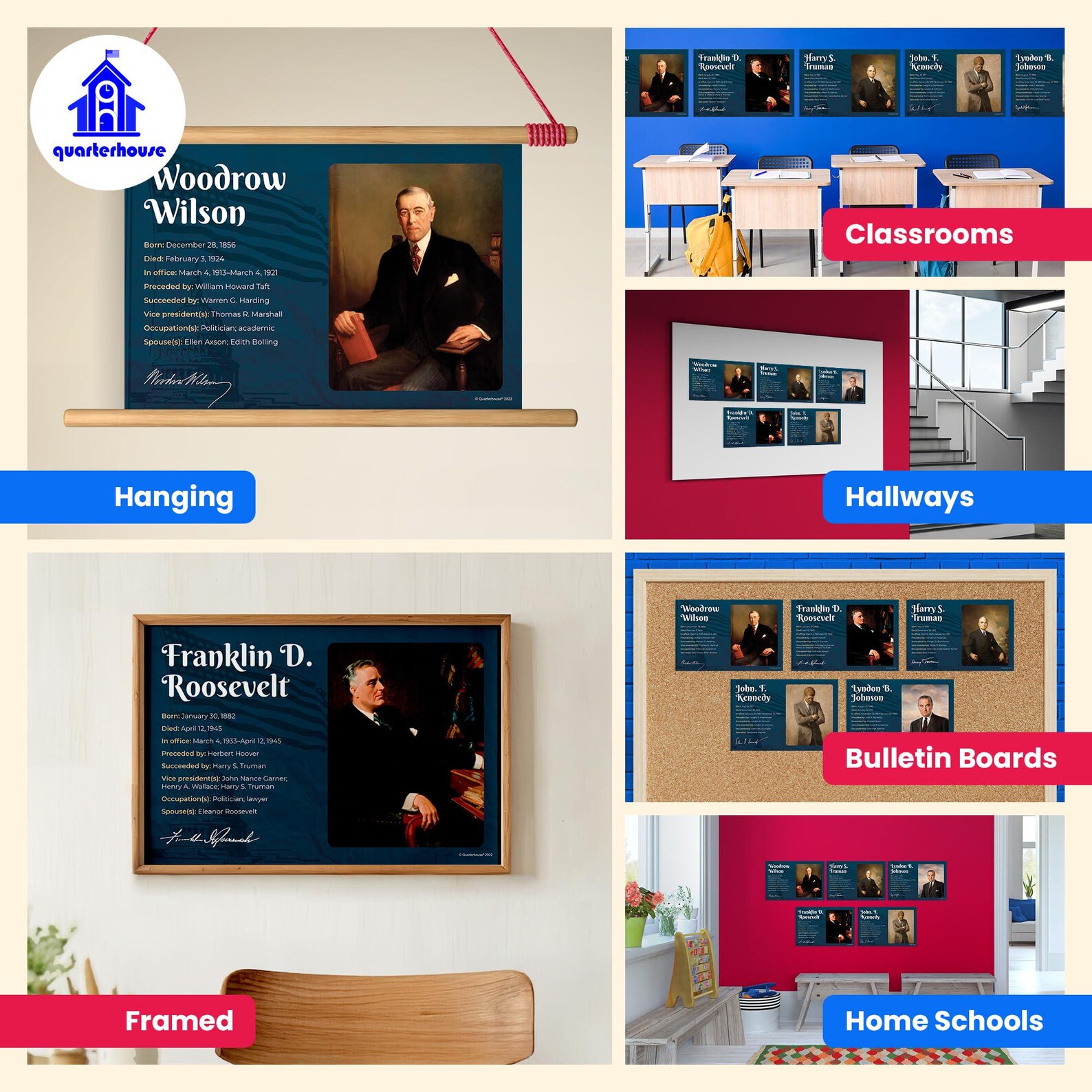 Quarterhouse Famous Democratic Presidents Poster Set, Social Studies ...