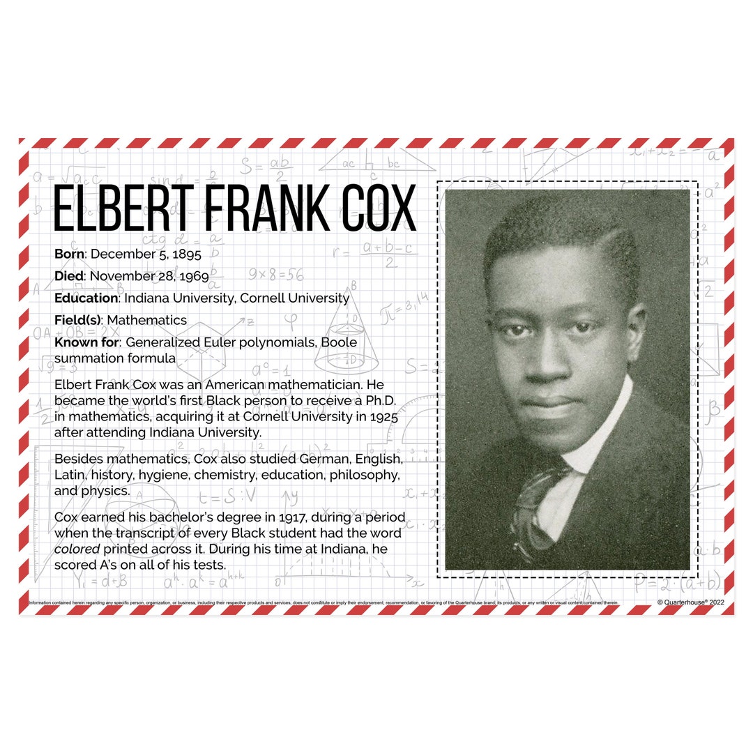 Quarterhouse Black Mathematicians Elbert Frank Cox Biographical Poster, Math Classroom Materials ...