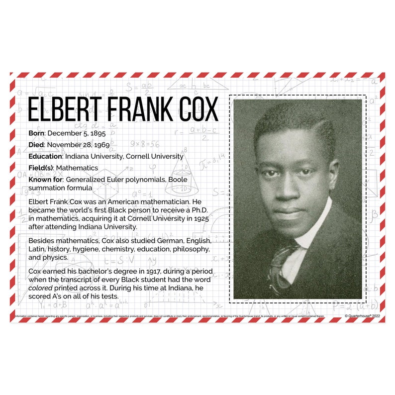 Quarterhouse Black Mathematicians Elbert Frank Cox Biographical Poster ...