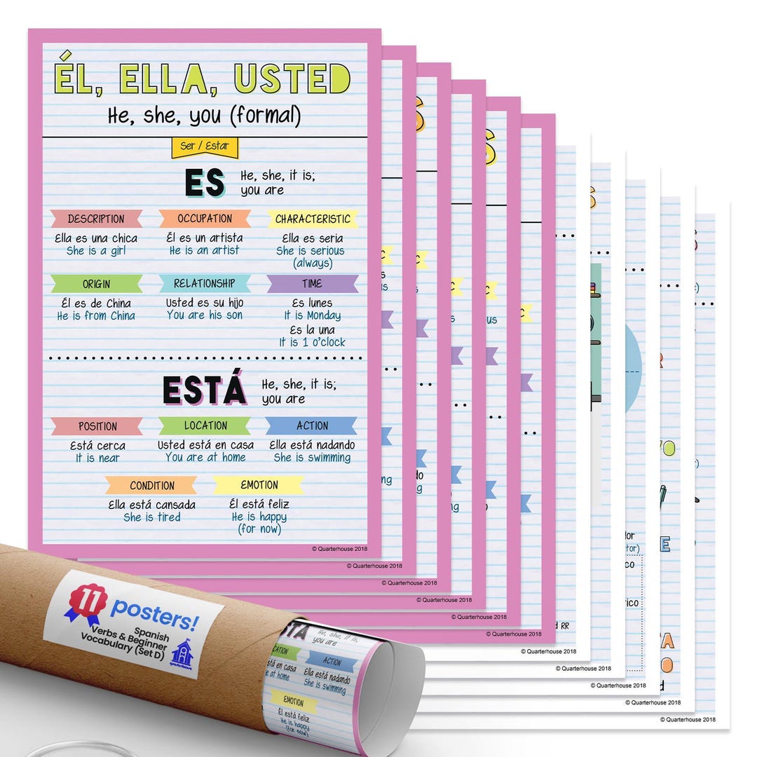 Quarterhouse Spanish Verbs & Beginner Vocabulary (set D) Poster Set ...