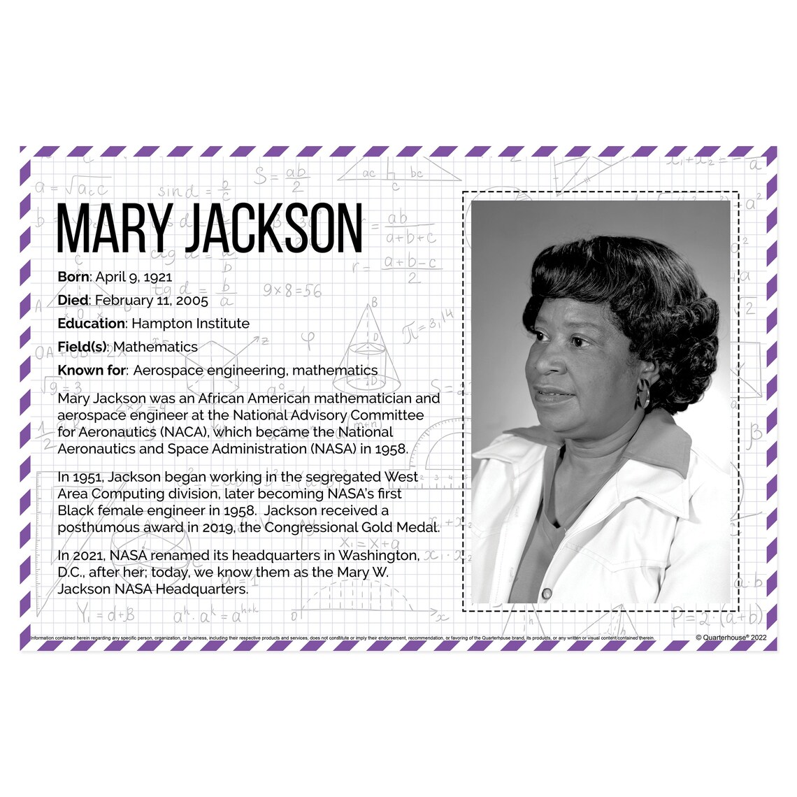 Quarterhouse Black Mathematicians - Mary Jackson Biographical Poster ...