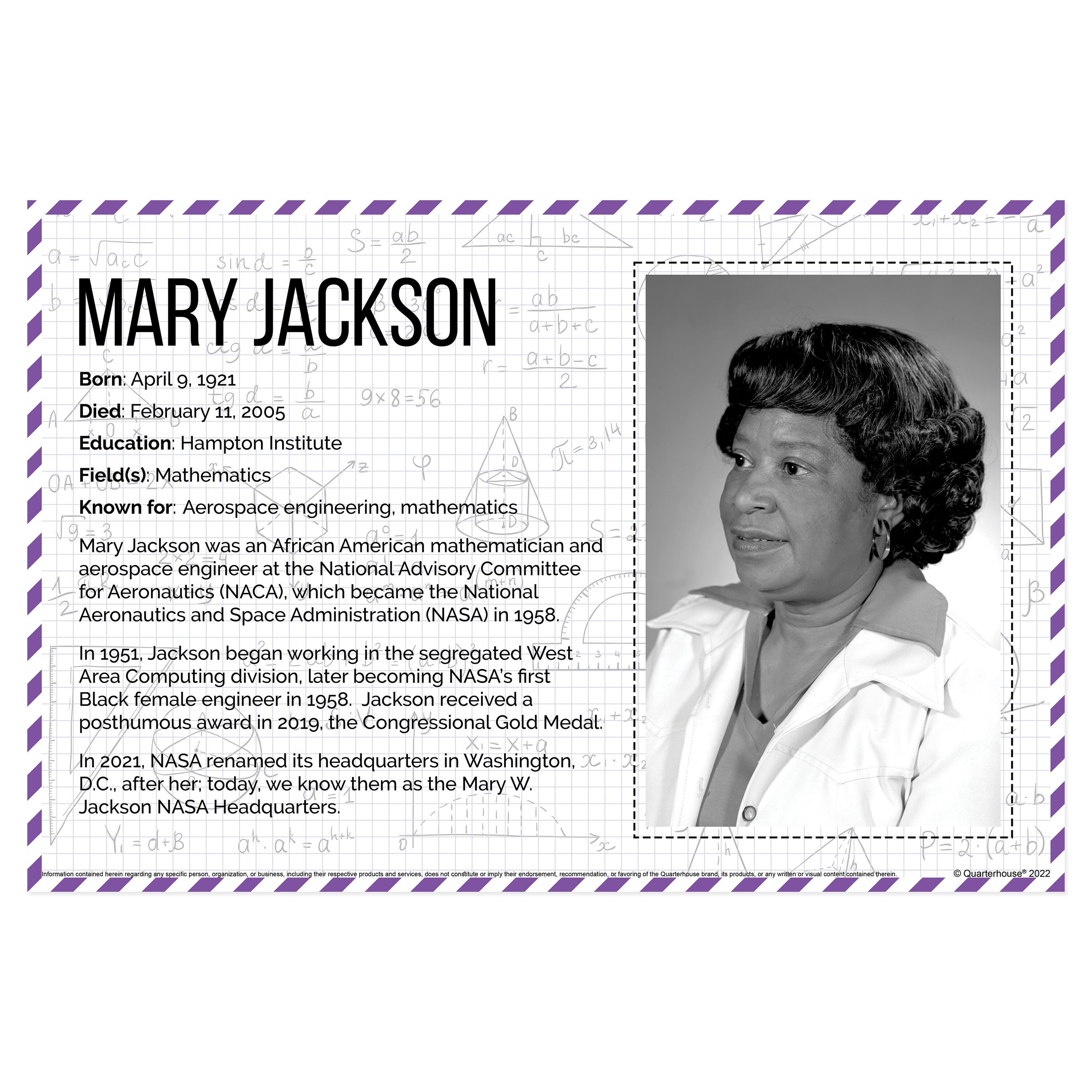 Quarterhouse Black Mathematicians - Mary Jackson Biographical Poster ...