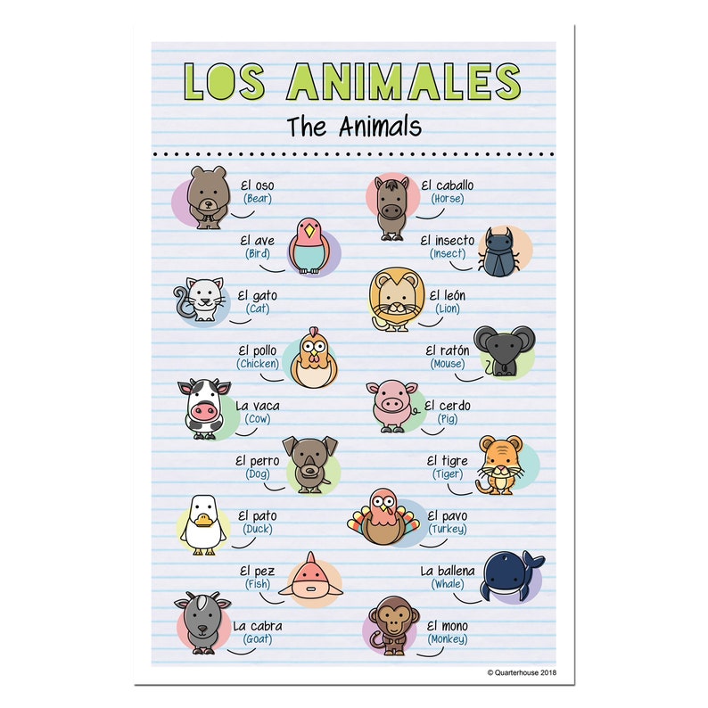Quarterhouse Spanish Vocabulary Animals Poster, Spanish and ESL ...