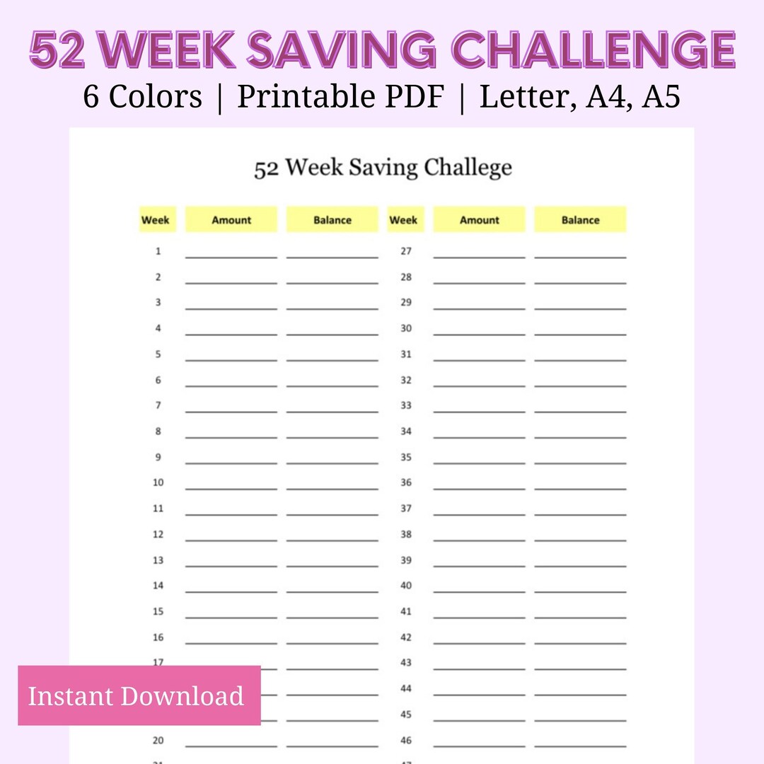 52 Week Saving Challenge Printable - Etsy