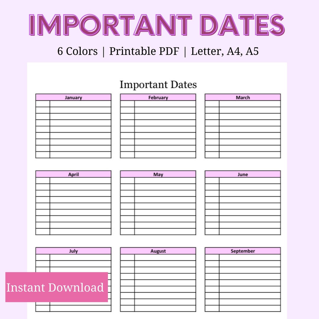 Important Dates Tracker Printable - Etsy