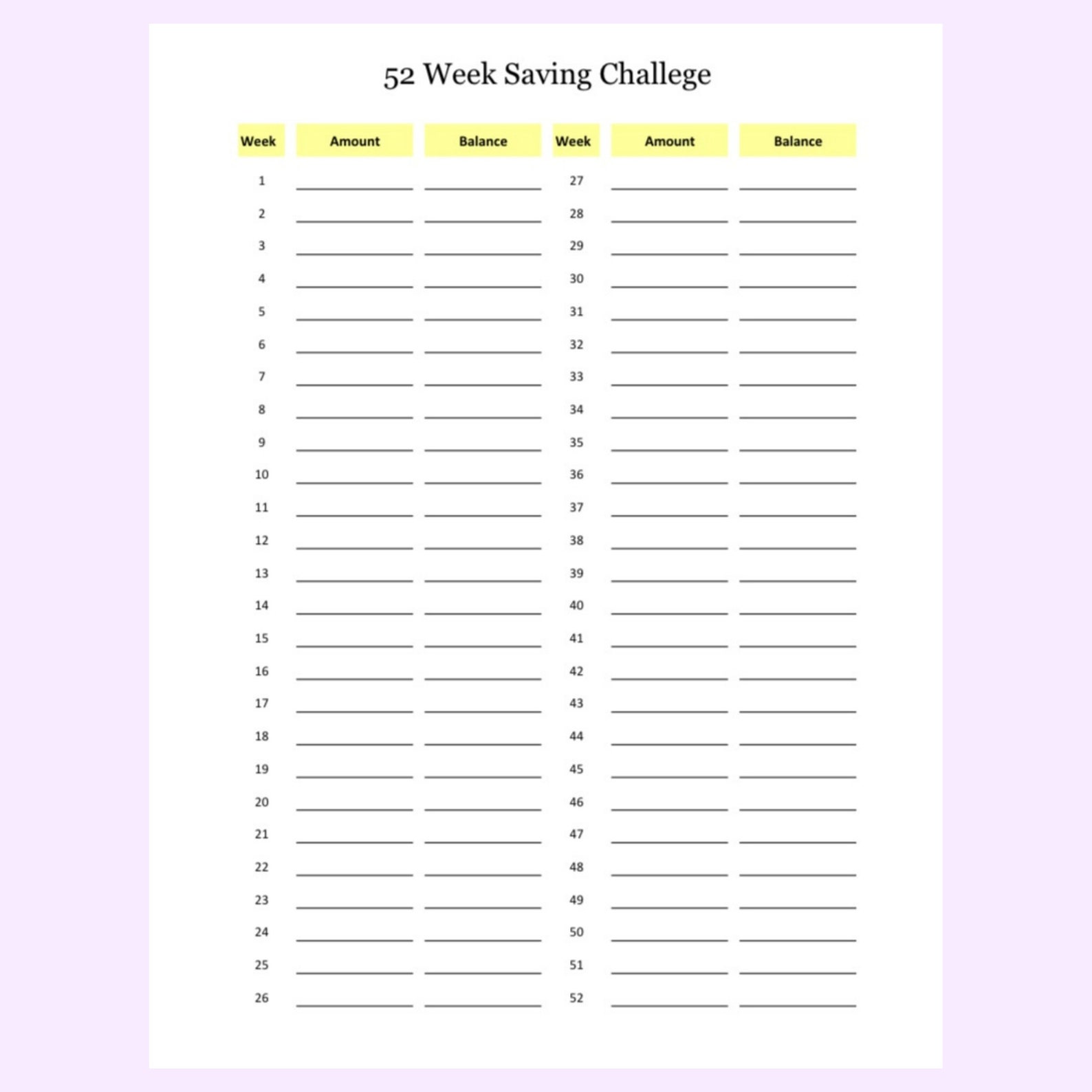52 Week Saving Challenge Printable - Etsy