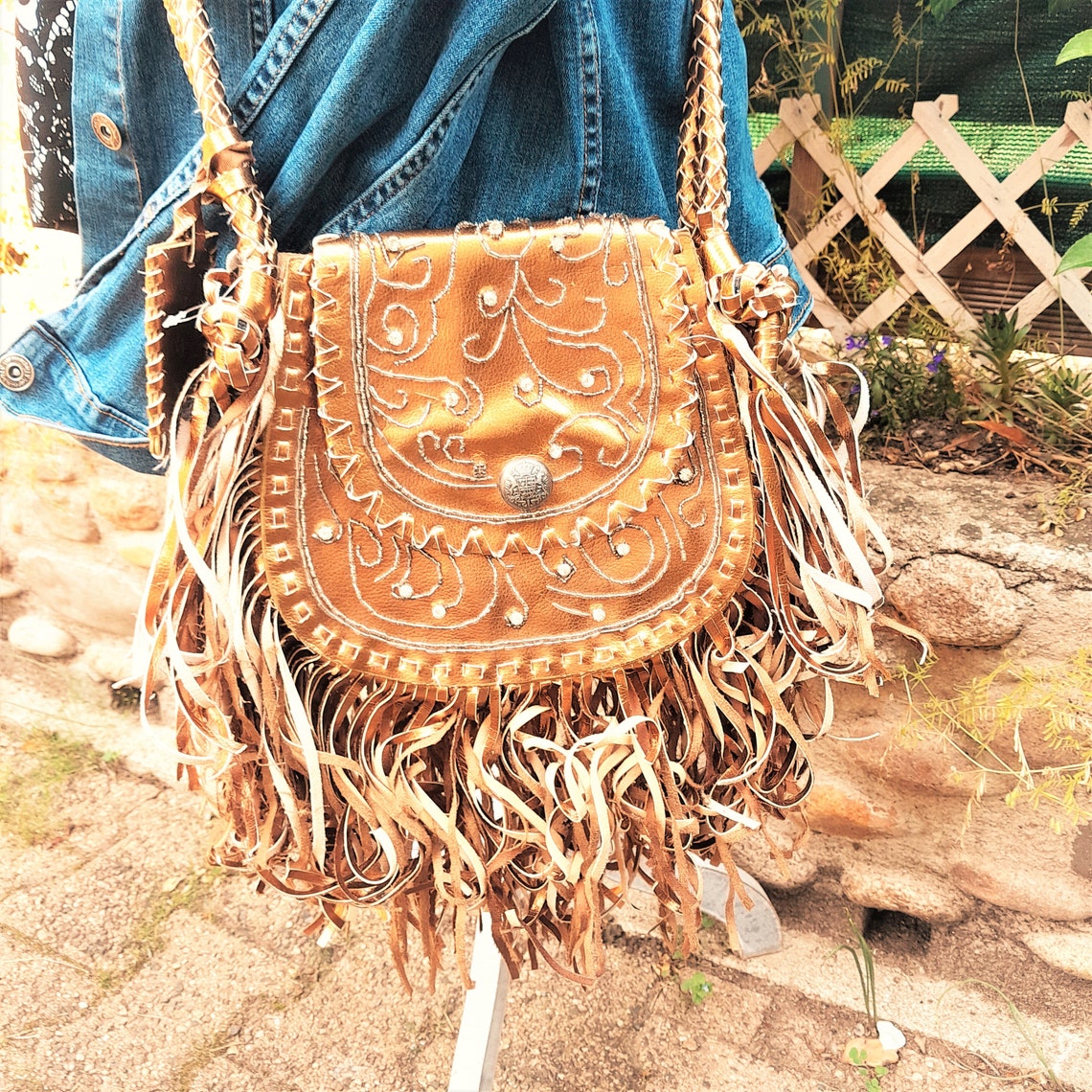 Vintage Boho Bag With Fringes, Gold Metallic Leather, Hippie Chic Bag ...