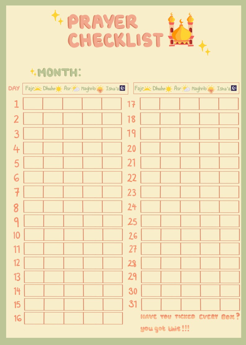 Muslim Prayer Checklist Tracker Daily Salah Log,monthly Tracker ...