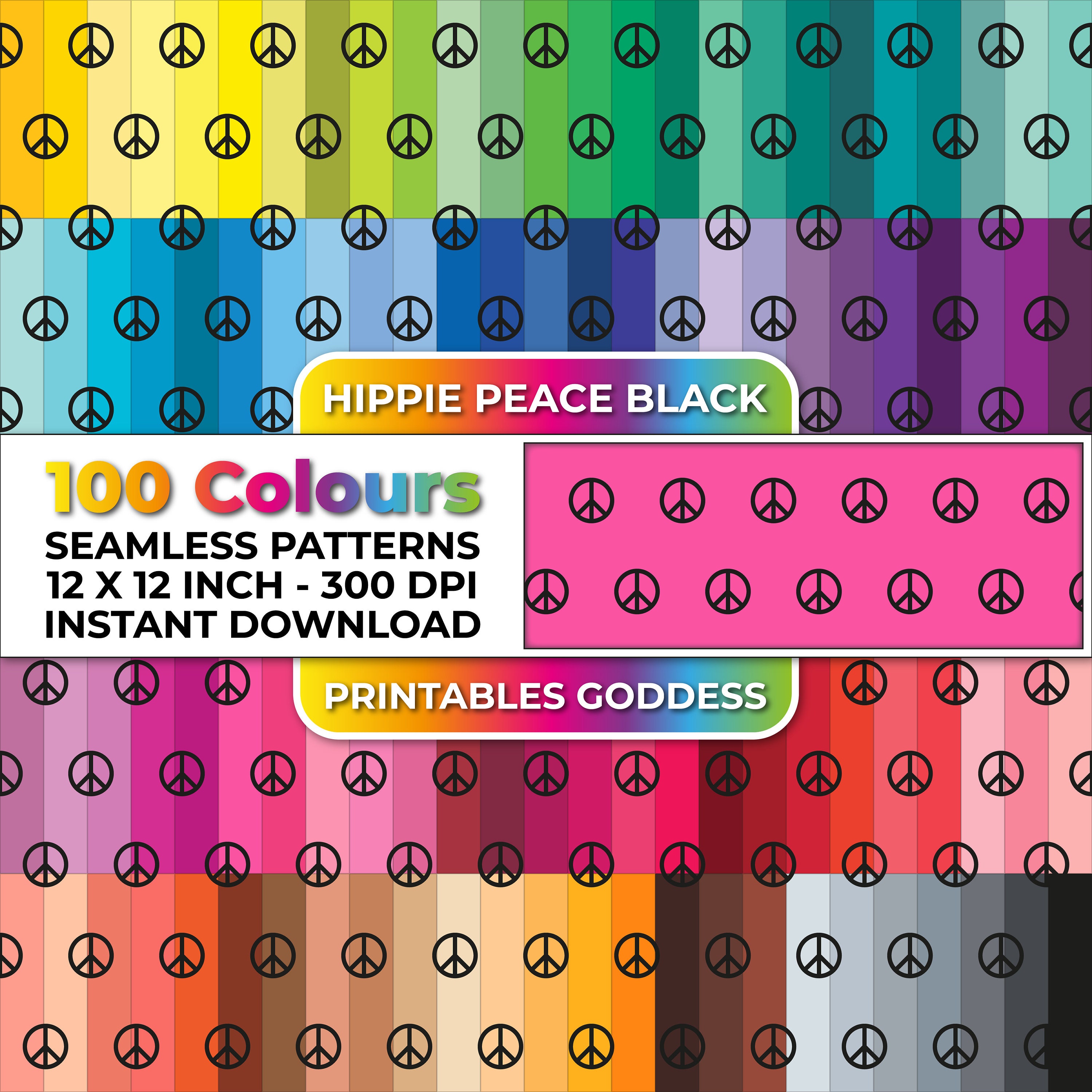 100 Black Hippies Peace Signs Seamless Patterns, Repeat Pattern ...
