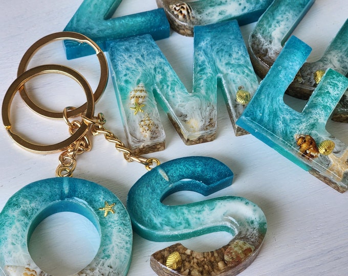 Personalised Resin Letter Key Chain/ Ocean Sea Sand Handmade Epoxy ...