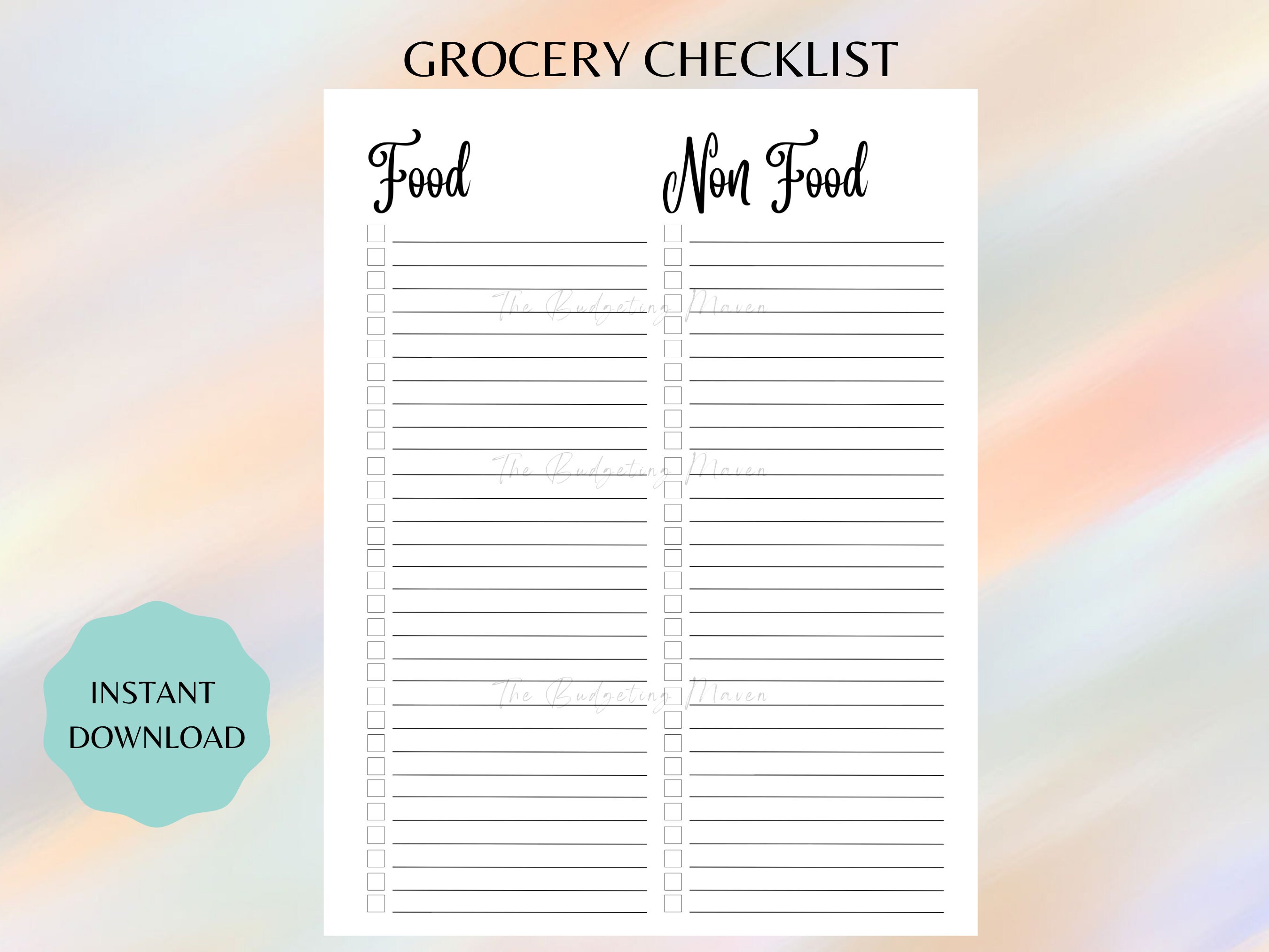 Grocery Checklist With Food and Nonfood Columns - Etsy