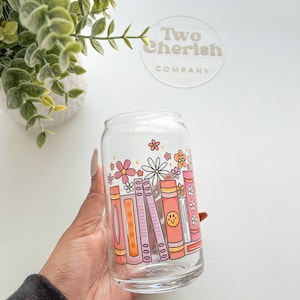 Books & Flowers Glass Can, Books Are My Happy Place, Cute Bookish Glass ...