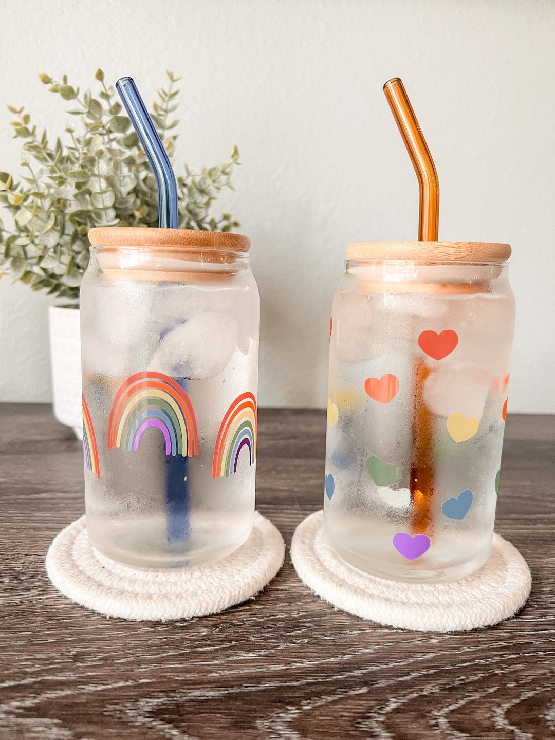 Color Changing Glass Can Cup: Rainbow or Hearts - 16oz/20oz - Etsy