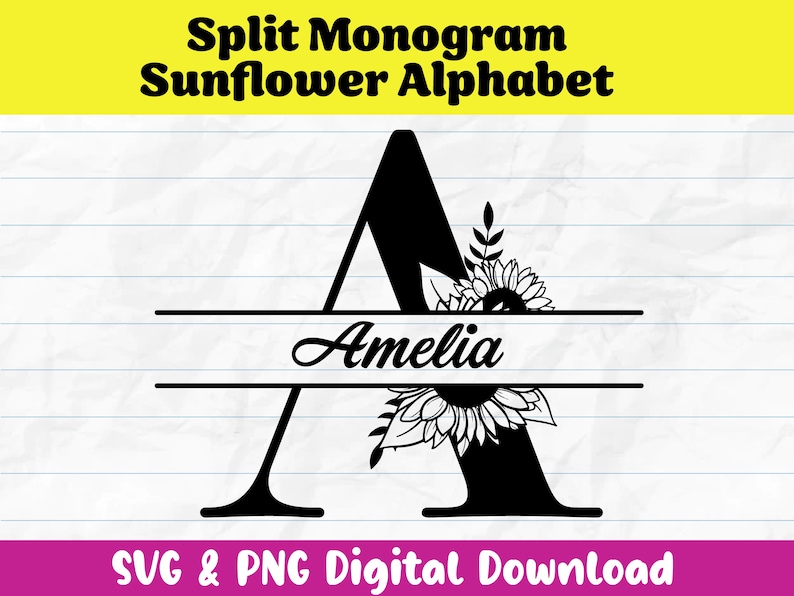 Sunflower Split Monogram Alphabet SVG PNG File for Cricut, Split Letter ...