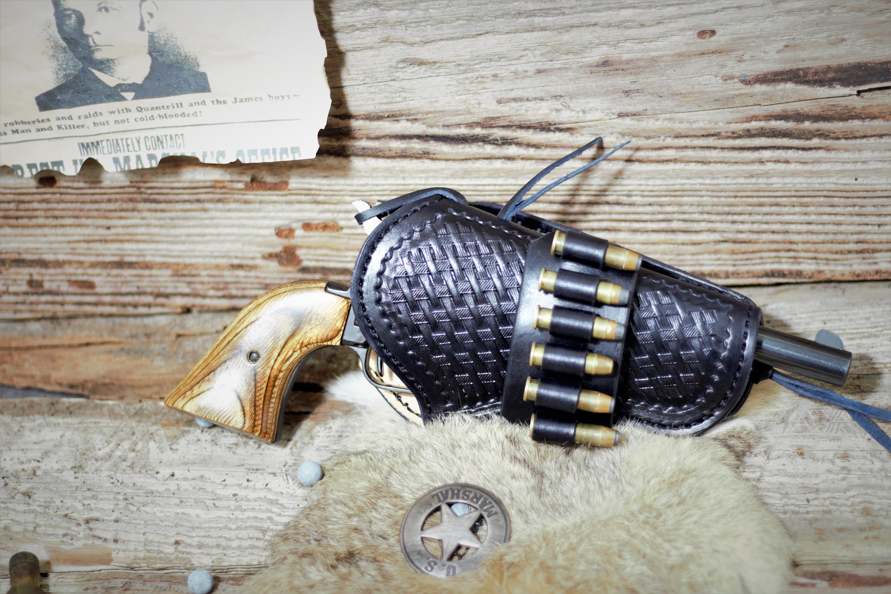 Western Holster With Bullet Loops and Basket Weave Tooling 4.75 Barrel ...