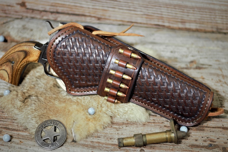 Western Holster With Bullet Loops and Basket Weave Tooling 7.5-8 ...