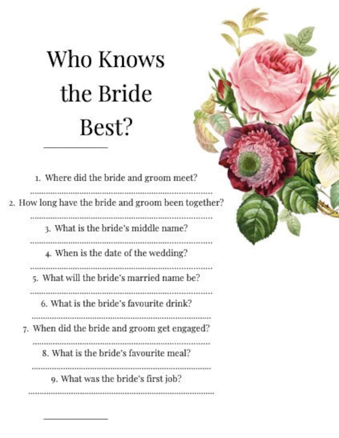 Hen Do Quiz, Who Knows the Bride Best?, What Did the Groom Say? - Etsy