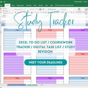 Instant Digital Download Excel Study Task Tracker Organise To-do List ...