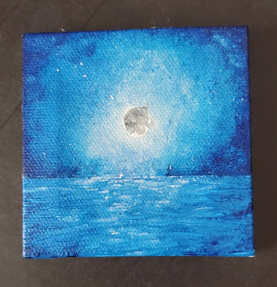 Moon Ocean Acrylic Painting Mini Canvas - Etsy