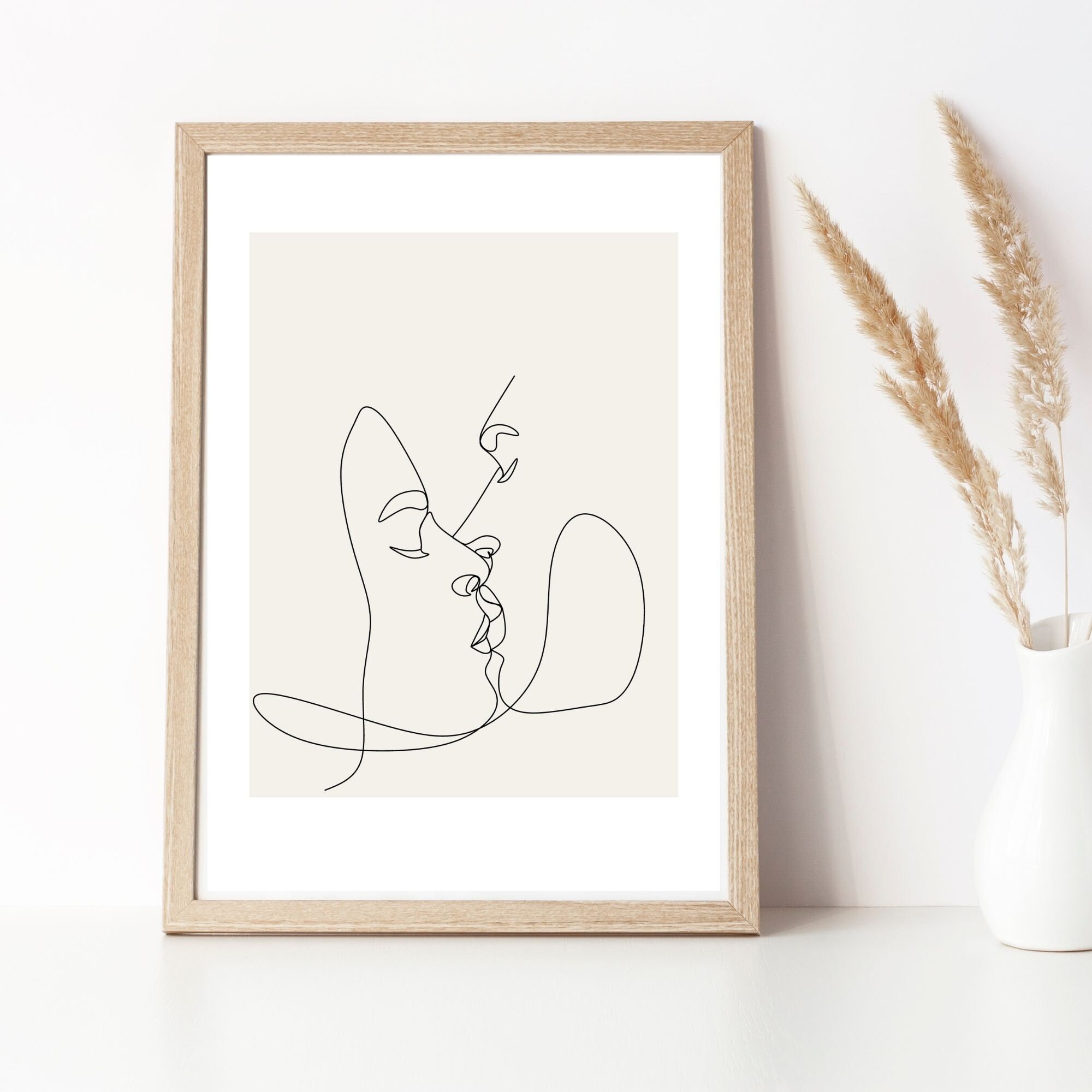 Couple Kissing Line Art Print, Lovers Kiss One Line Drawing, Intimate ...