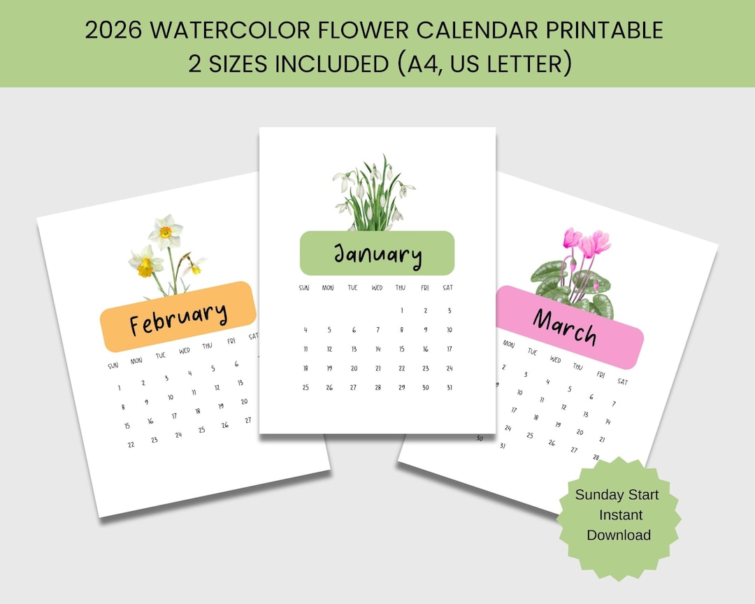2026 Watercolor Flower Calendar – Printable Botanical Wall Art (PDF) - Etsy