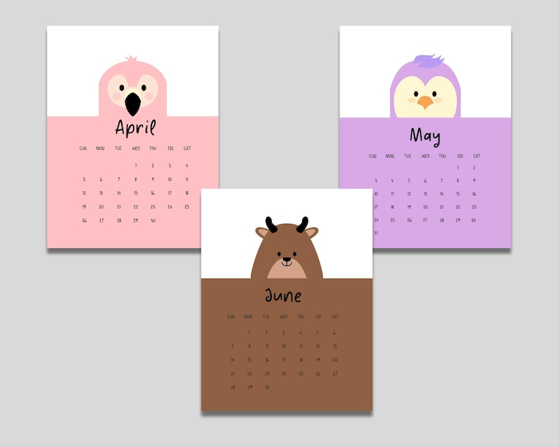 Printable Calendar 2026 Kids, Cute Animal Faces Monthly Calendar ...