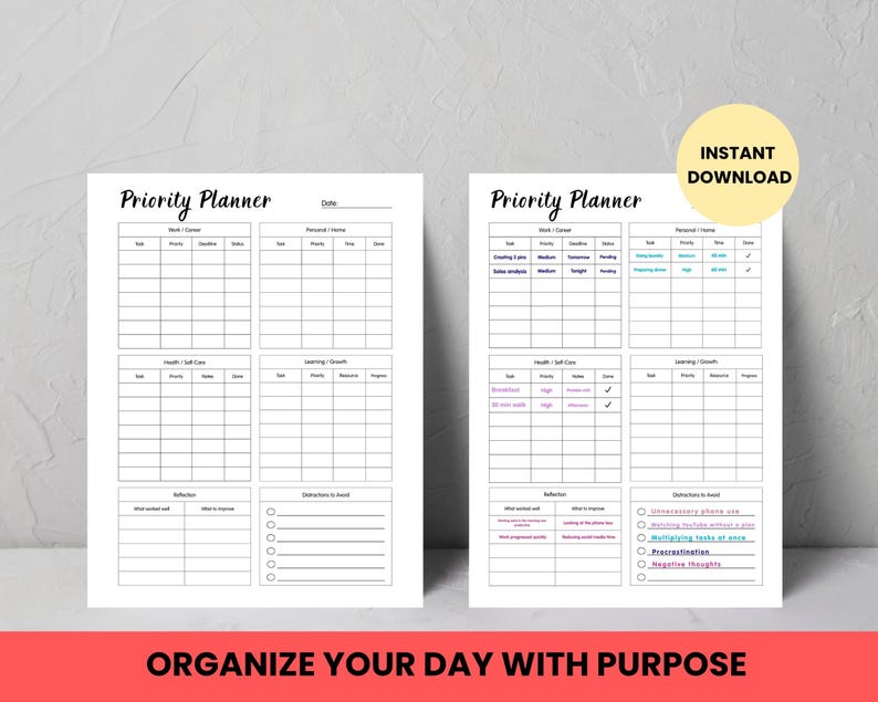 Priority Planner Printable, Daily Productivity Task Organizer (PDF ...