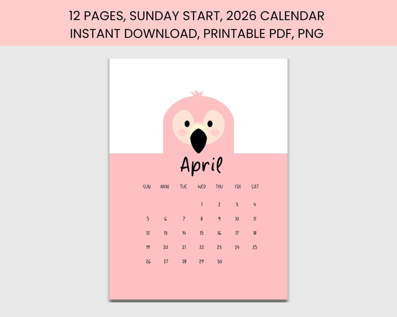 2026 Kids Calendar Printable • Cute Pastel Animal Faces Calendar • 5x7 ...