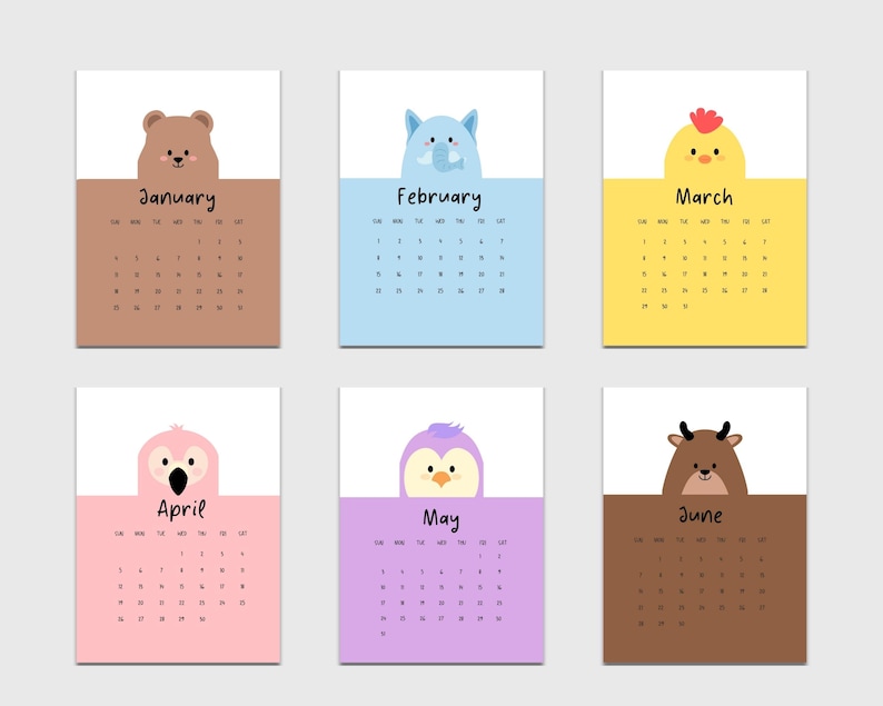 2026 Kids Calendar Printable • Cute Pastel Animal Faces Calendar • 5x7 ...