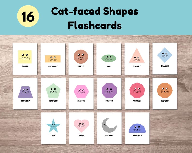 Cat Face Shape Flashcards, Montessori Homeschool Printable (digital ...