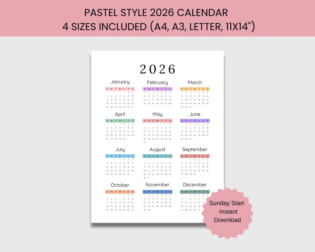 2026 Year at a Glance Calendar, Pastel Minimalist Planner (PDF Download ...