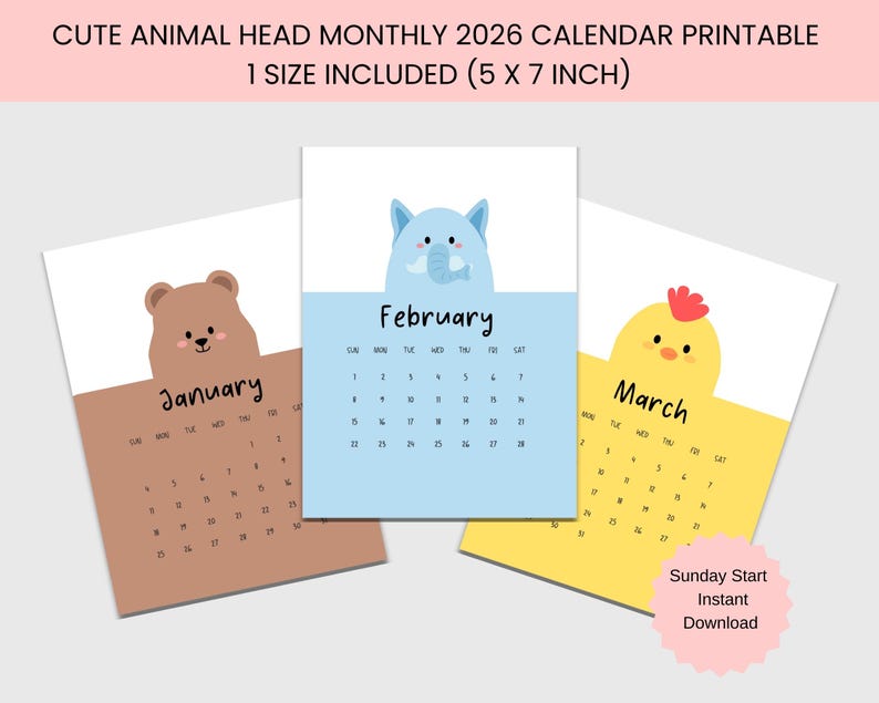 2026 Kids Calendar Printable • Pastel Animal Faces (PNG & PDF) - Etsy