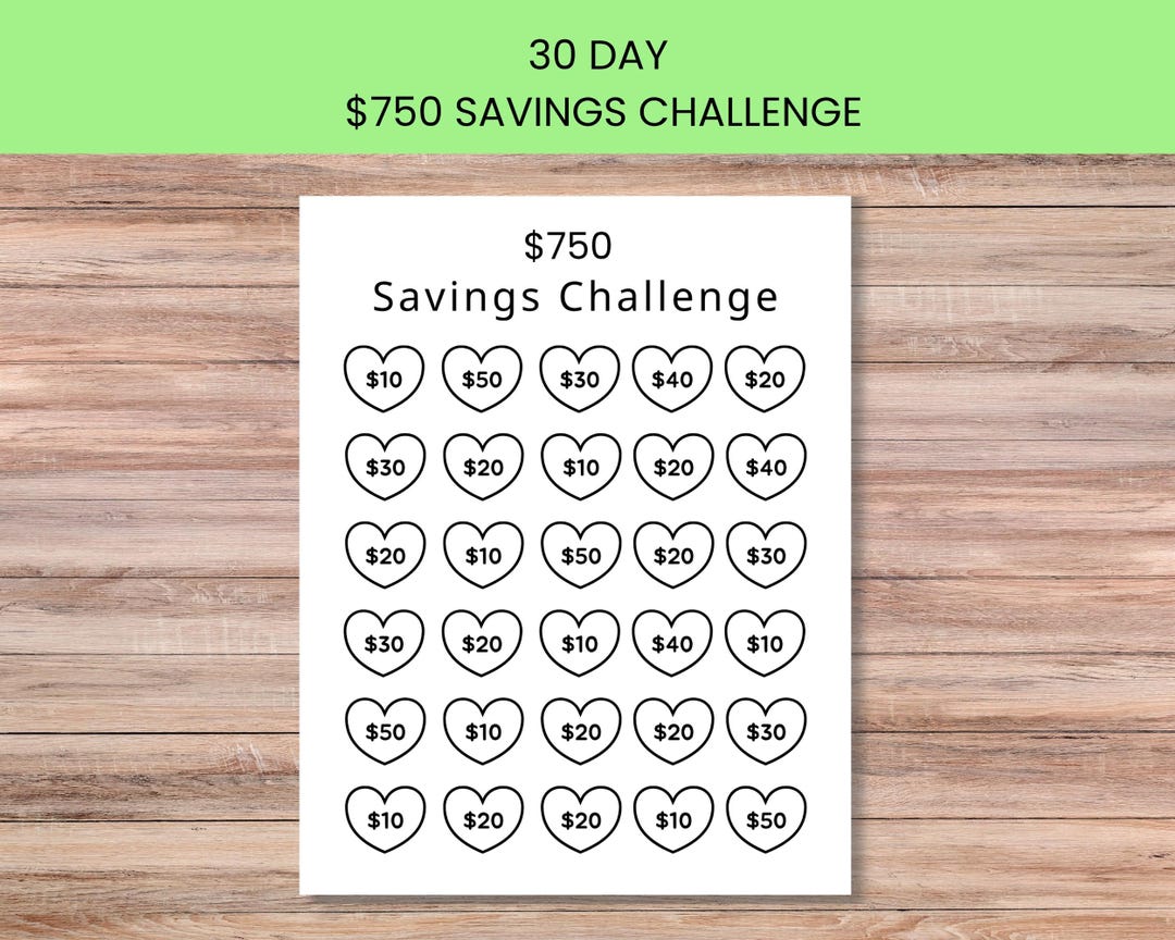 750 Dollar Savings Challenge Printable, 30 Day Tracker (digital ...