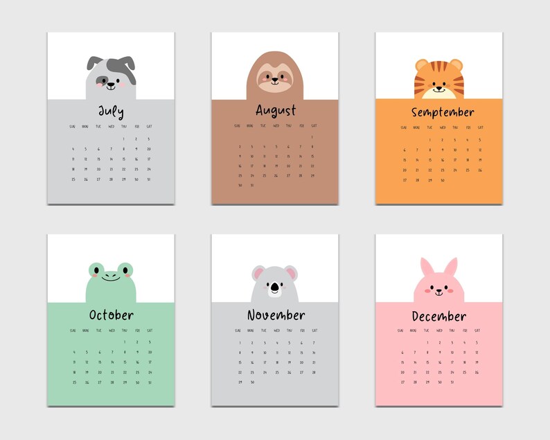 2026 Kids Calendar Printable • Cute Pastel Animal Faces Calendar • 5x7 ...