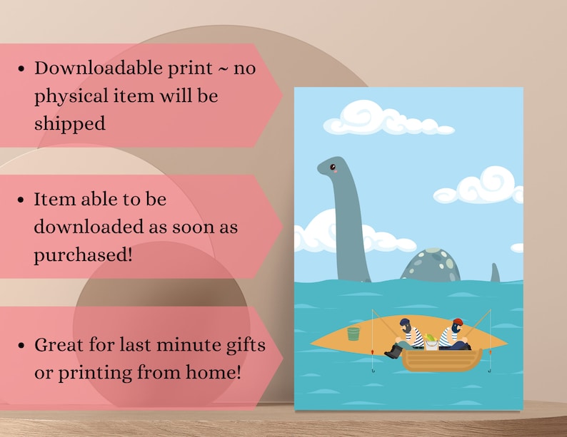 Nessie / Loch Ness Monster With Fishermen Digital Print / Home Decor / Cute Wall Art / Lake ...