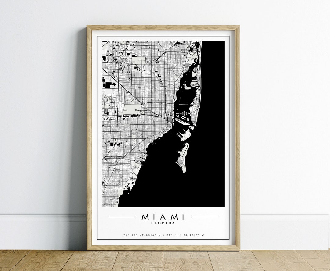 Miami Map Print Digital Download, Miami Florida Printable Poster Wall Art, Black and White ...