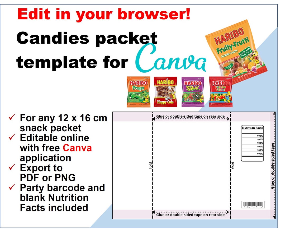 Chips Bag Template. Gummy Candies Packet. Editable Canva Template for ...