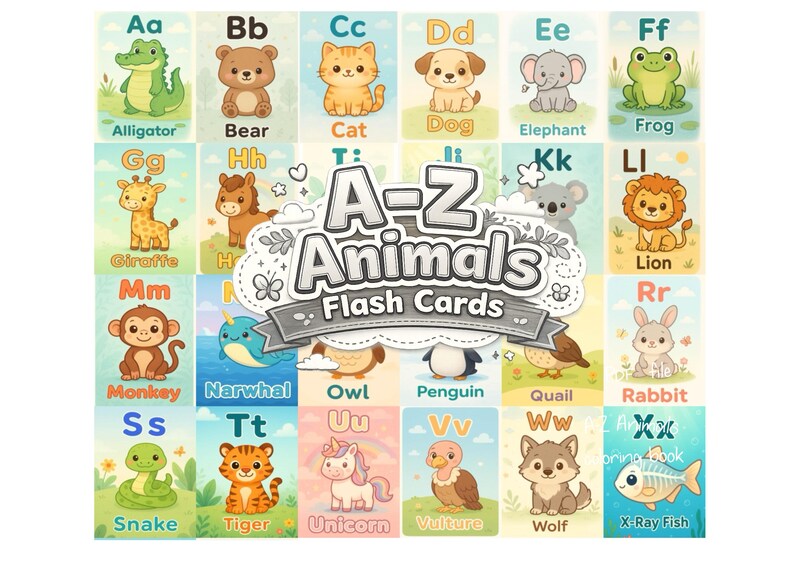 Alphabet Toddler Flash Cards: Animal Themed ABC Cards (digital Download ...