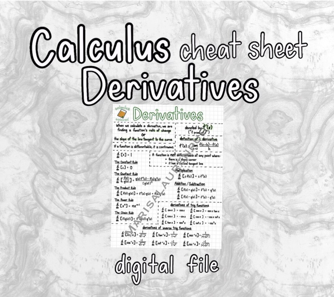 Calculus DERIVATIVES Study Outline | 1 Page Cheat Sheet | Digital File ...