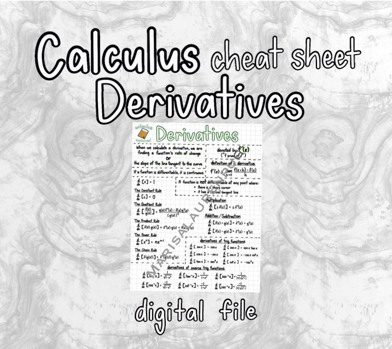 Calculus DERIVATIVES Study Outline | 1 Page Cheat Sheet | Digital File ...