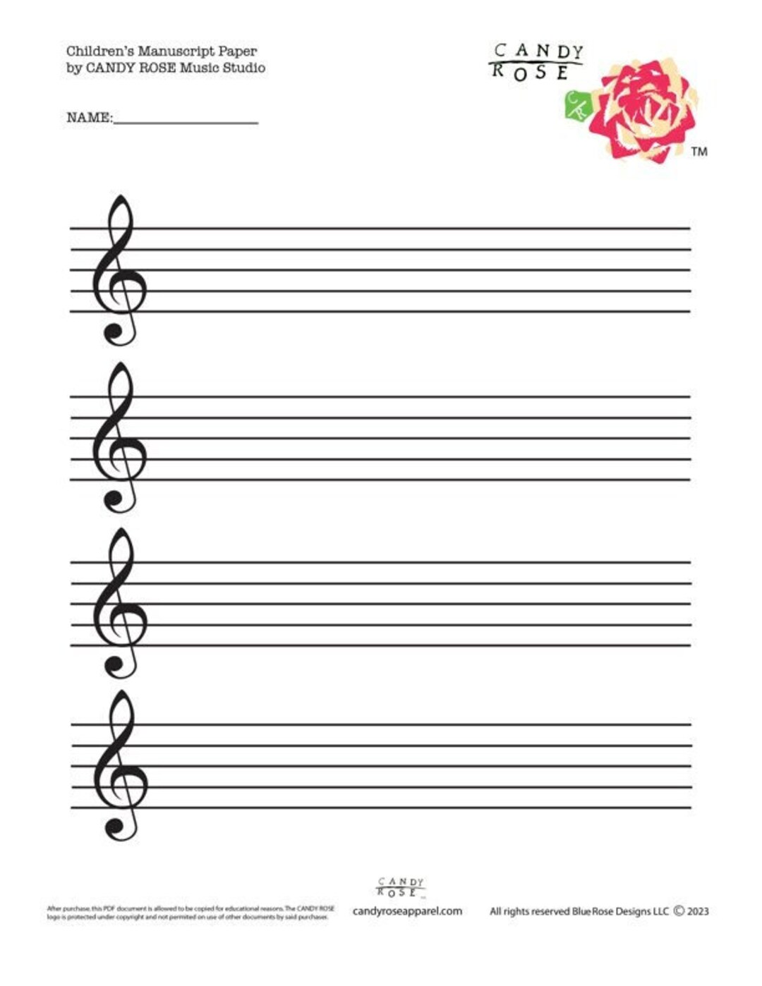 Children's Manuscript Paper 2 Treble Tall PDF Designed by CANDY ROSE ...