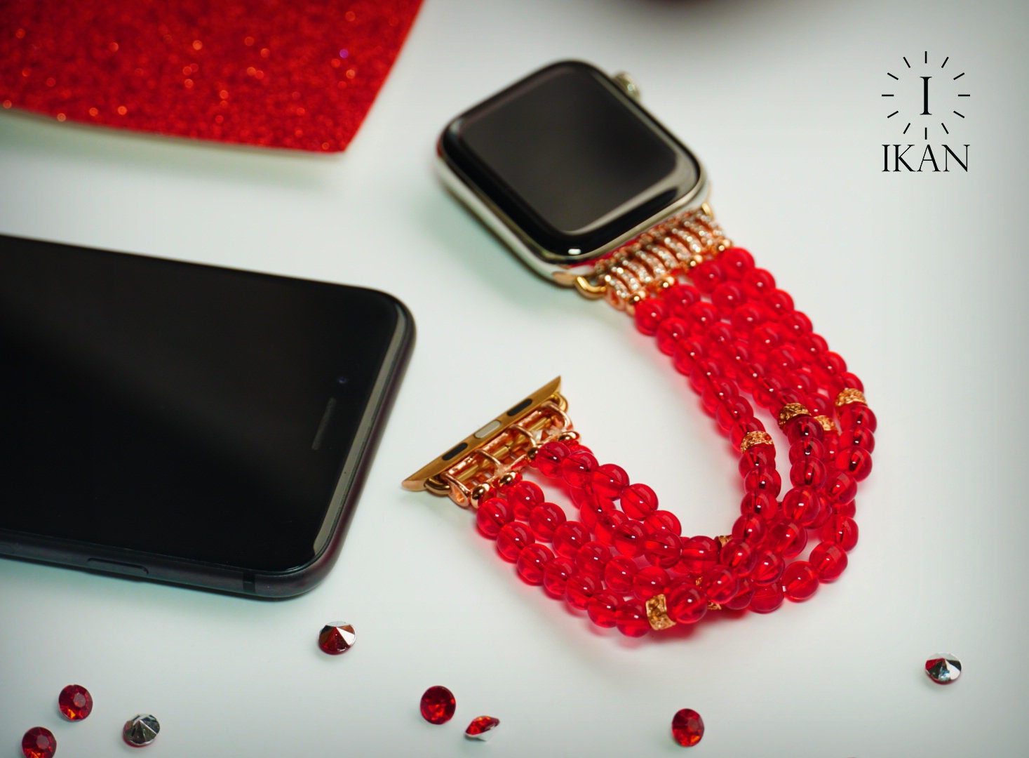 Red Pearl Apple Watch Band, Handmade Iwatch Strap, 38mm 40mm,41mm, 42mm ...