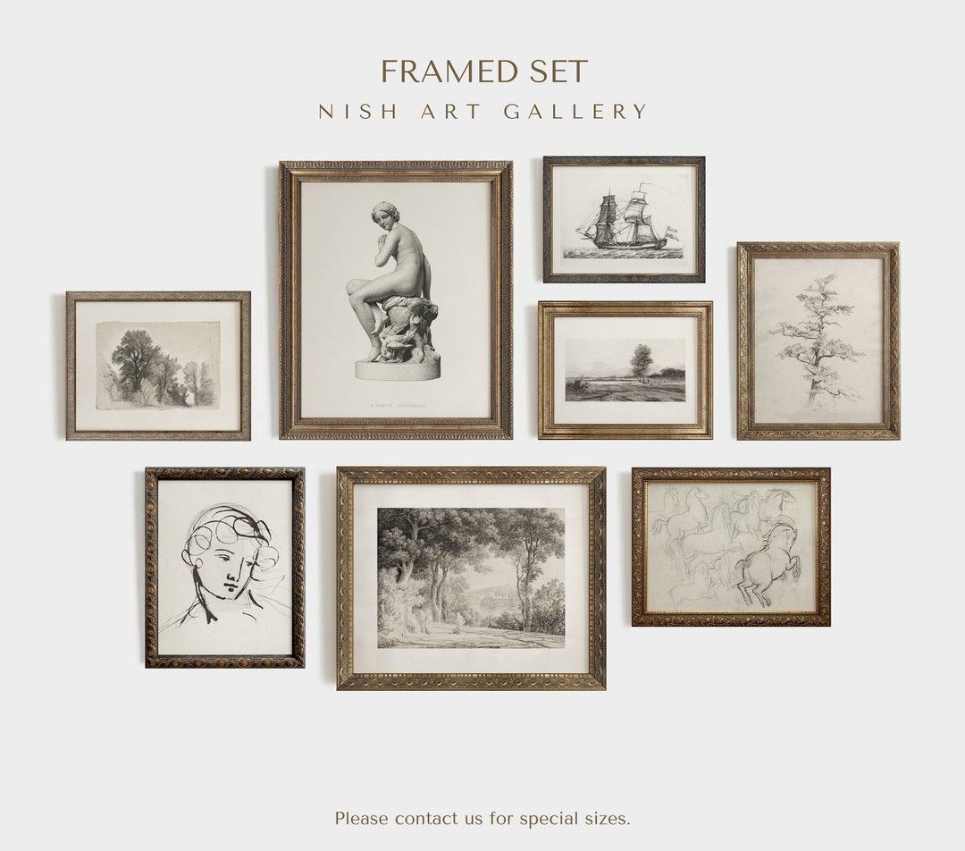 FRAMED Vintage Sketch Wall Art Set, Neutral Gallery Wall Set, Drawing ...