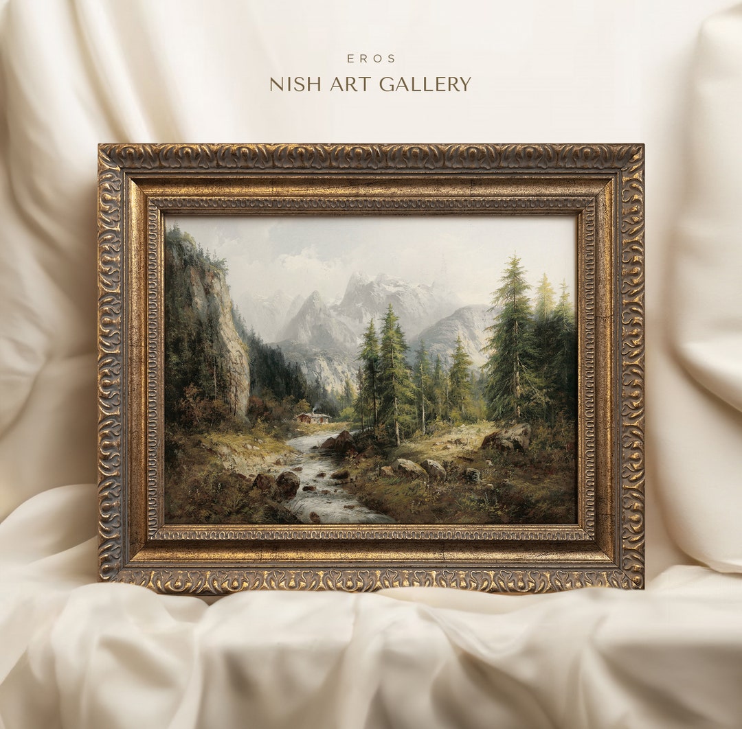 Vintage Framed Mountain Landscape Art Print: Alpine Stream, Forest Oil ...