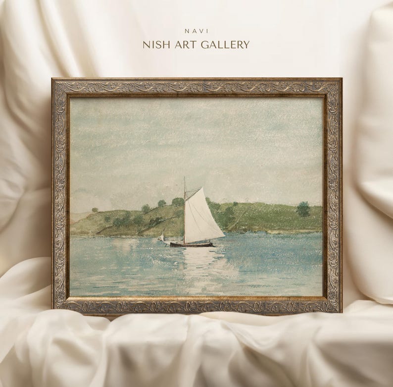 framed-sailboat-print-vintage-lakescape-wall-art-354-etsy