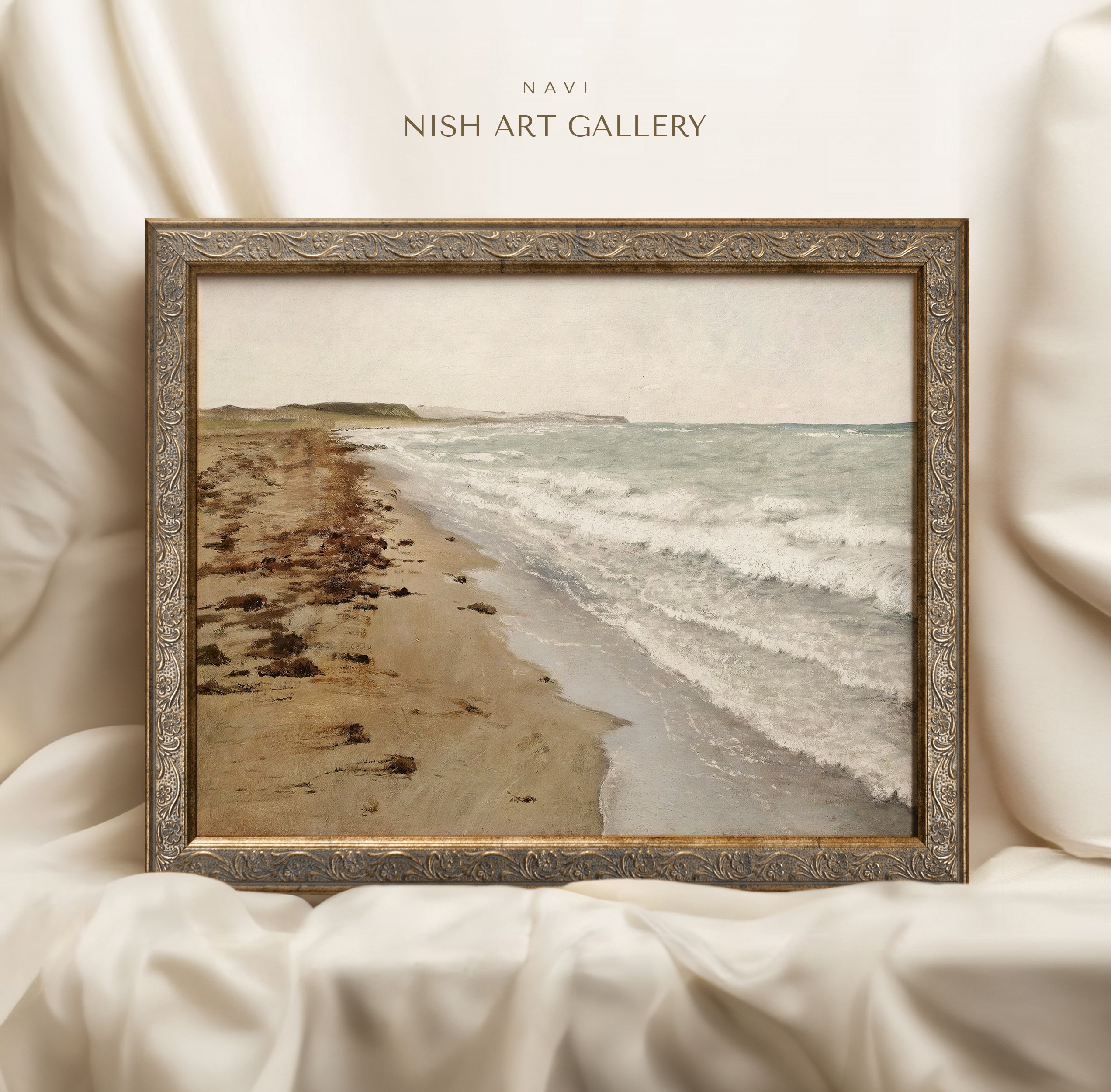Framed Muted Beach Painting Art Print: Vintage Coastal Cabin Decor #112 ...
