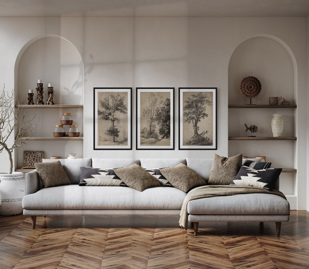 Framed Rustic Tree Art Print Set: Forest Landscape Sketch, Gallery Wall ...